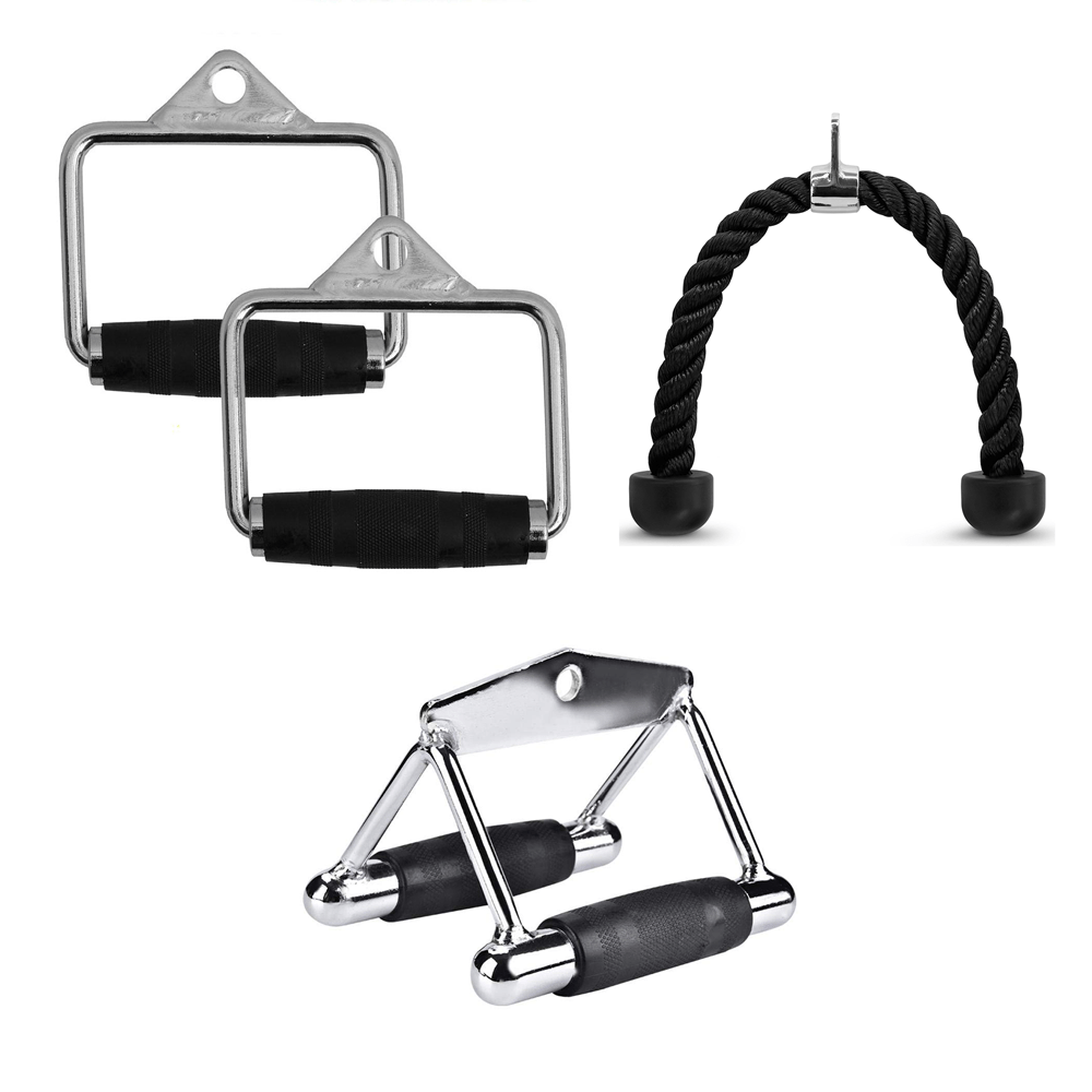 3-in-1 Cable Attachment Set - Tricep Rope + Handle + V Bar - Gym Plus